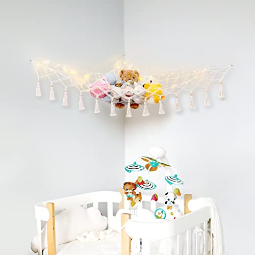 Dahey Stuffed Animal Storage Net Hammock with String Light Wall Corner Hanging Toys Storage Organizer Plush Net Toy Holder Hammock Macrame Tassels Boho Decor for Nursery Kid Playroom Bedroom