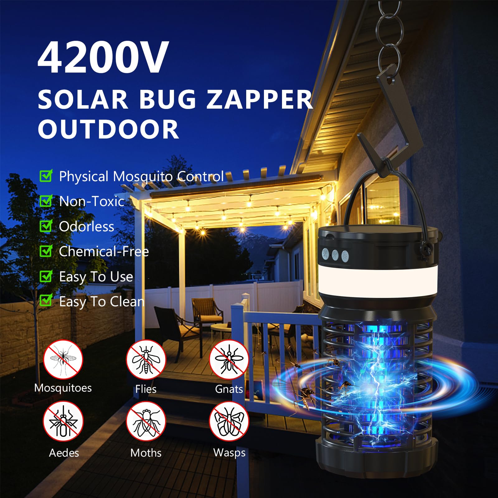 Solar Bug Zapper Outdoor, Mosquito Zapper, Electric Fly Zapper, Cordless & Rechargeable Mosquito Killer, Waterproof Fly Traps for Home Garden Patio Backyard Camping (1,Black2)