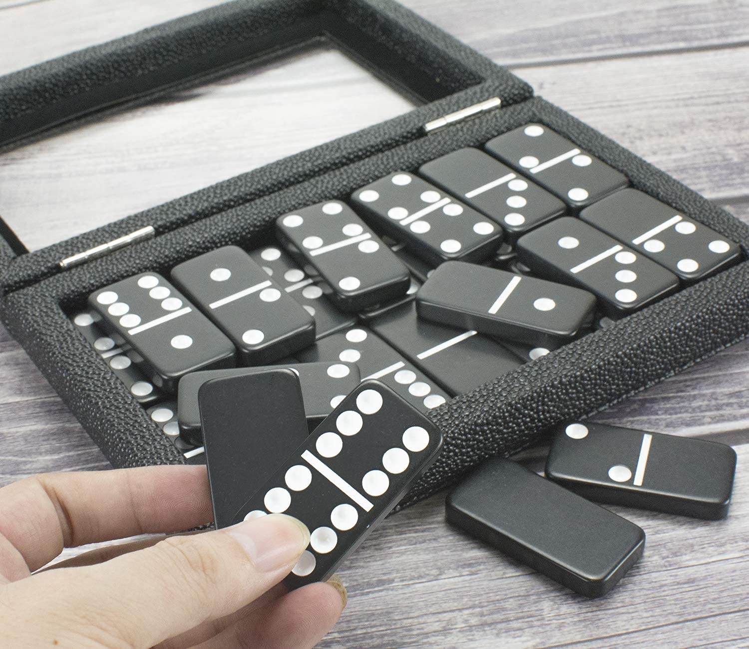 Bucher&Rossini Dominoes Set Double 6, Strong Magnetic Leather Case Dominoes Board Game for Holiday Party Family Game Night