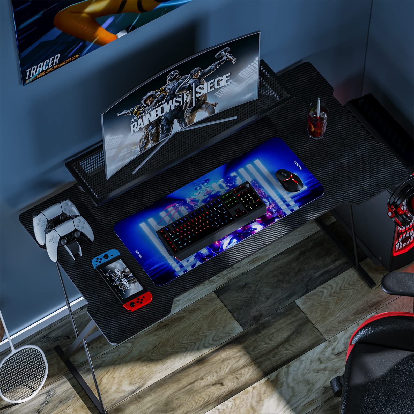Bizzoelife Gaming Desk Home Office Table: 47Inch Z Shaped Home Office PC Computer Table, Gamer Workstation with Monitor Stand, Racing Style Game Tables with Cable Management Holes