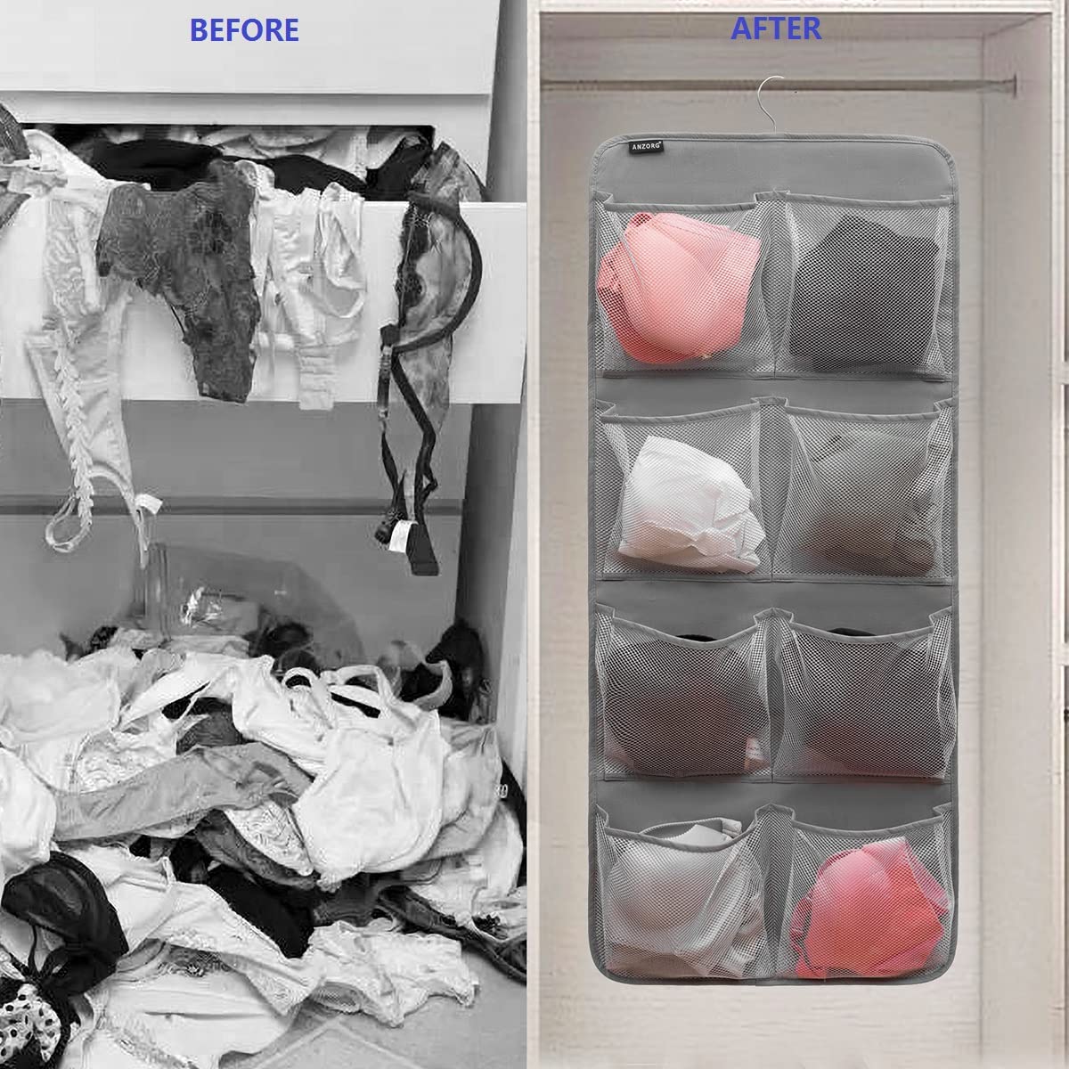 ANZORG Dual-Sided Hanging Closet Organizer for Socks Underwear Bra Kids Storage Organizer for Baby Clothes Toddler Shoes with 26 Pockets (Grey-Mesh Pockets)
