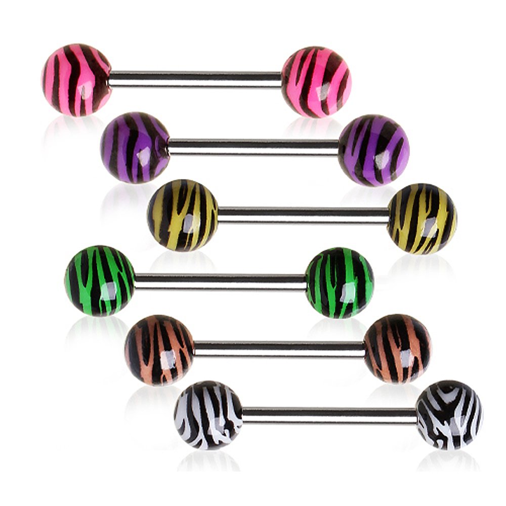 316L Surgical Steel Nipple Bar with UV Coated Zebra Print Balls - 14GA Brown L:5/8" B:6mm - Sold as a Pair