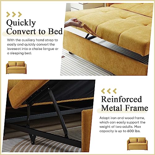 Antetek 3 in 1 Convertible Sleeper Sofa Bed, Modern Chenille Loveseat Futon Sofa Couch w/Pullout Bed, Reclining Backrest, Adjustable Arm, Pillows, Small Love Seat Lounge Sofa for Living Room, Yellow