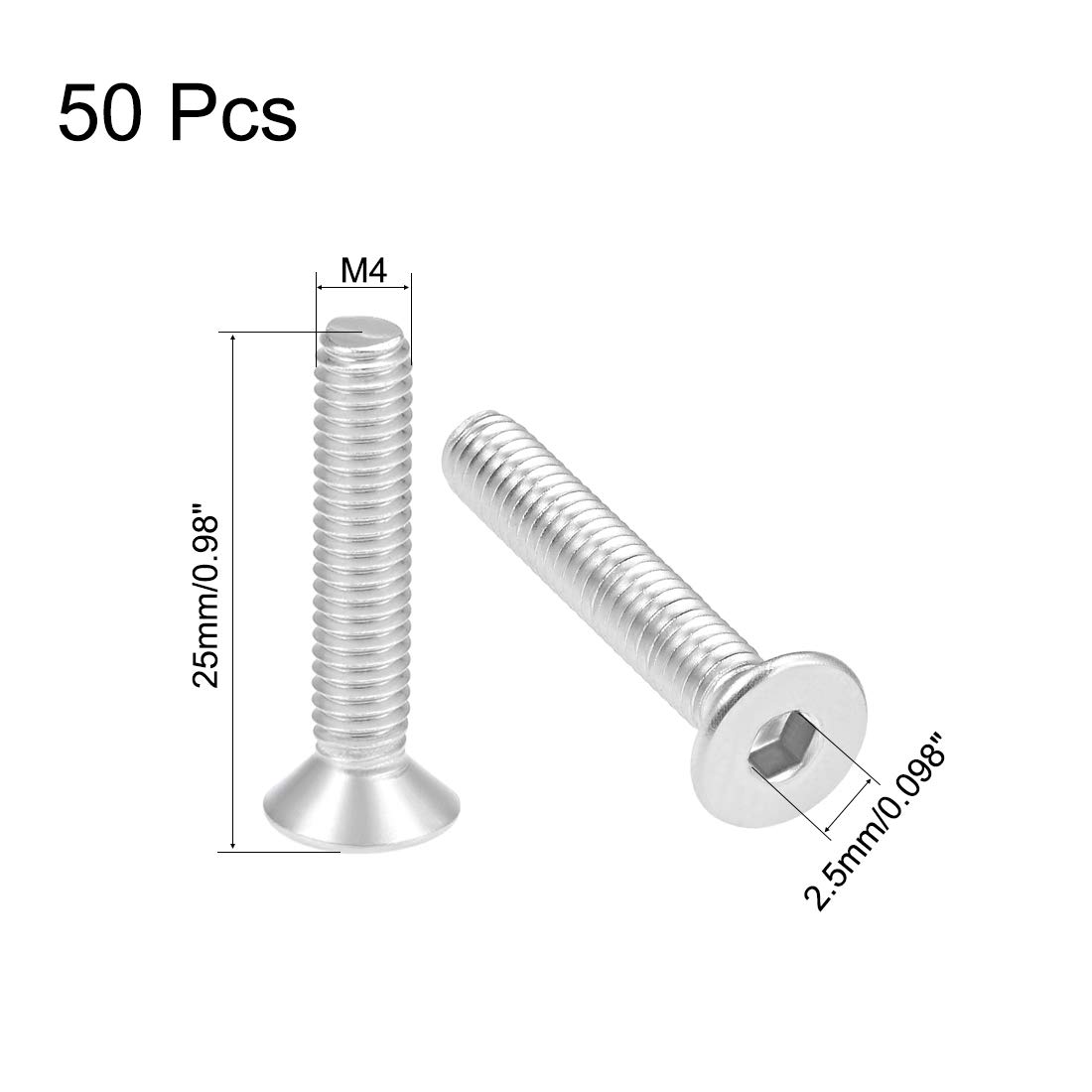 uxcell M4x25mm Flat Head Machine Screws Inner Hex Screw 304 Stainless Steel Fasteners Bolts 50Pcs