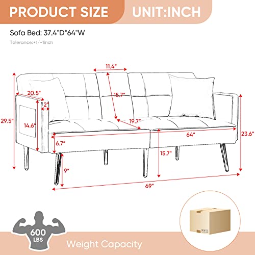 Antetek Convertible Futon Sofa Bed, 69-inch Modern Tufted Velvet Sleeper Sofa Couch Oversized Loveseat Sofa w/3 Adjustable Positions, 6 Metal Legs and Cup Holder for Living Room Bedroom Office, White