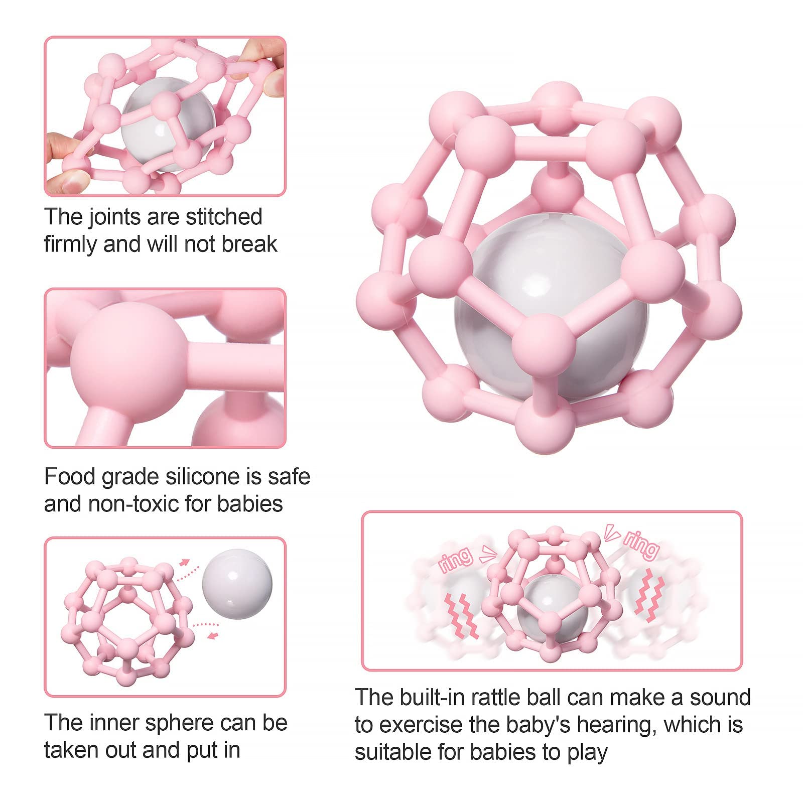 Baby Teethers Toys Silicone Soft Ball Easy to Hold Teether for Sensory Ball Exploration & Teething Stress Relief Molar Ball Soothing Teether Toy Baby Ball for Ages 0 Months+,(Rattle Teether Ball-Pink)