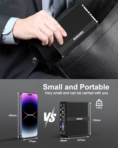BASOARO Mini Industrial Computer, Micro PC, Celeron J4125 Processor, 8G RAM 1TB SSD, Gigabit Ethernet, 2*RS232 COM Port, HD/VGA Display, Dual Band WiFi, BT