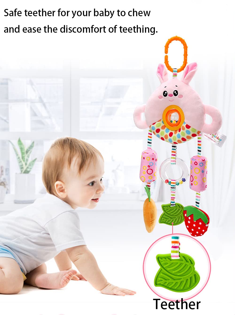 D-KINGCHY Baby Car Seat Stroller Toys Hanging Animal Plush Toys Soft Teething Rattle Toys Newborn Crib Bed Around Stuffed Toy with Wind Bell, Teether, Rattle Sound, Ring for 0-3 Years Old (Rabbit)
