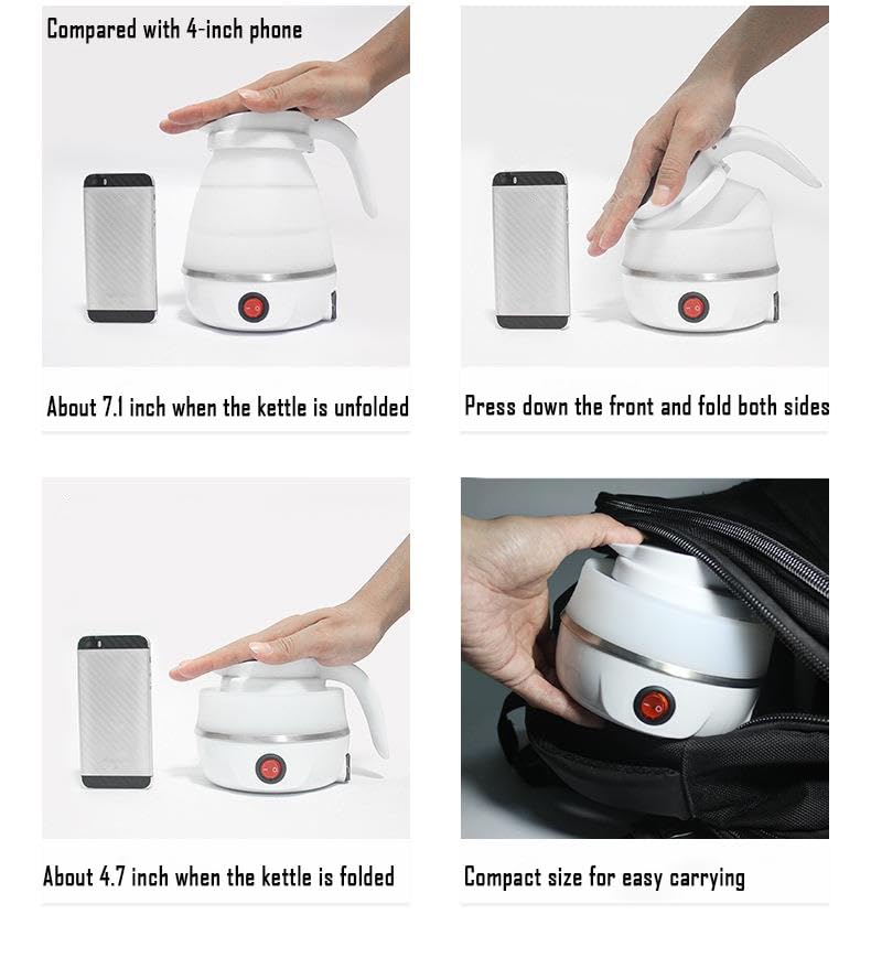 Foldable Electric Travel Kettle - Portable and Convenient Silicone Collapsible Water Boiler and Tea Pot for Camping - Easy Storage with Detachable Power Cord （White）