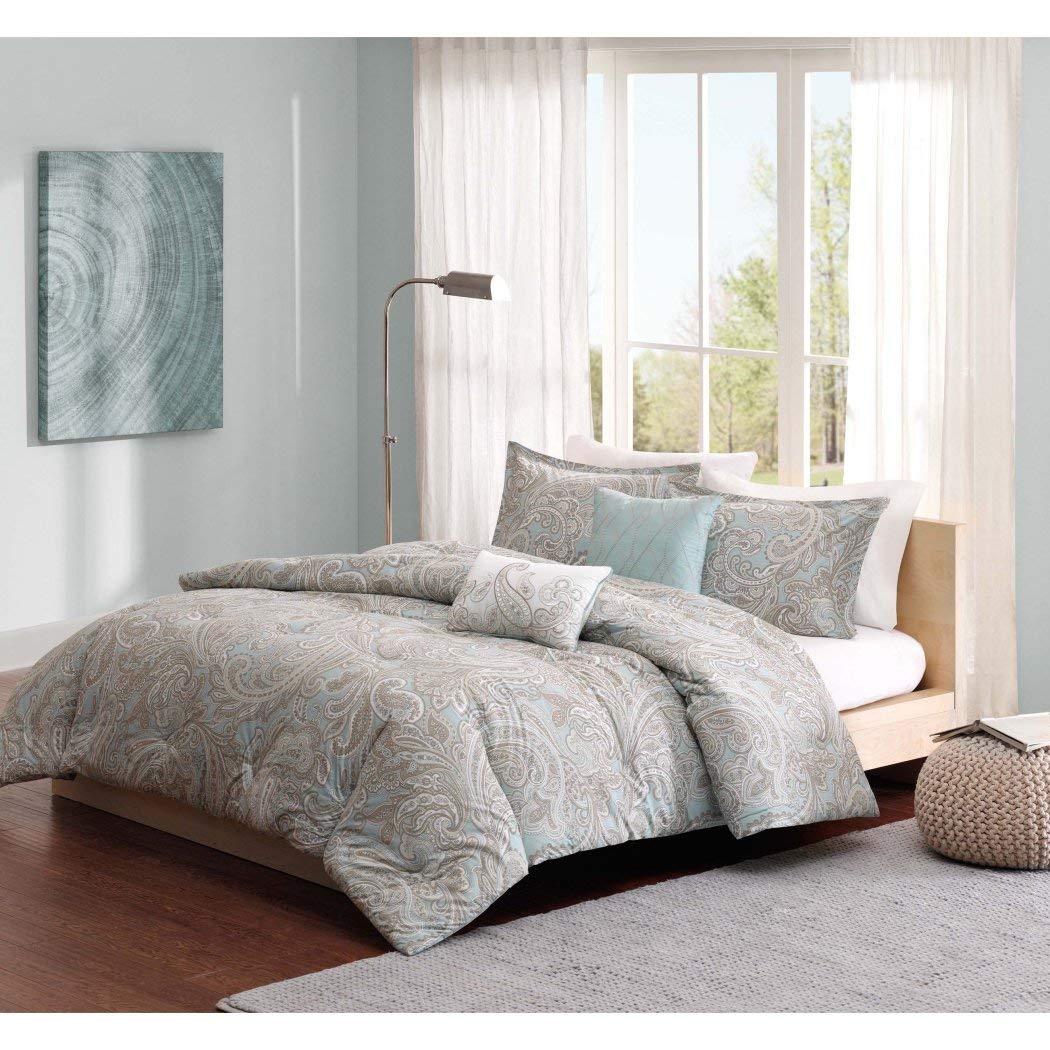 5 Piece Blue Khaki Paisley Floral Pattern Comforter King/Cal King Set, Beautiful All Over Large Scale Motif Bohemian Flowers Design Bedding, Features Button Closure, Mid-Century Classic Style, Cotton
