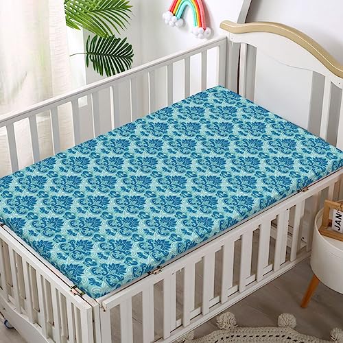Damask Themed Fitted Crib Sheet,Standard Crib Mattress Fitted Sheet Soft Toddler Mattress Sheet Fitted - Baby Crib Sheets for Girl or Boy,28β x52β,Seafoam Blue