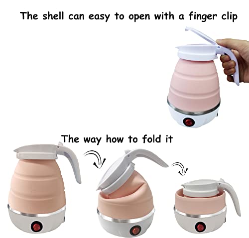 Foldable Portable Electric Kettle with Food Grade Silicone, 9 Mins Fast Water Boiling Tea Pot Coffee Pot for Camping or Travel, Collapsible Kettle with Separable Power Cord 110V US Plug 600ML Pink