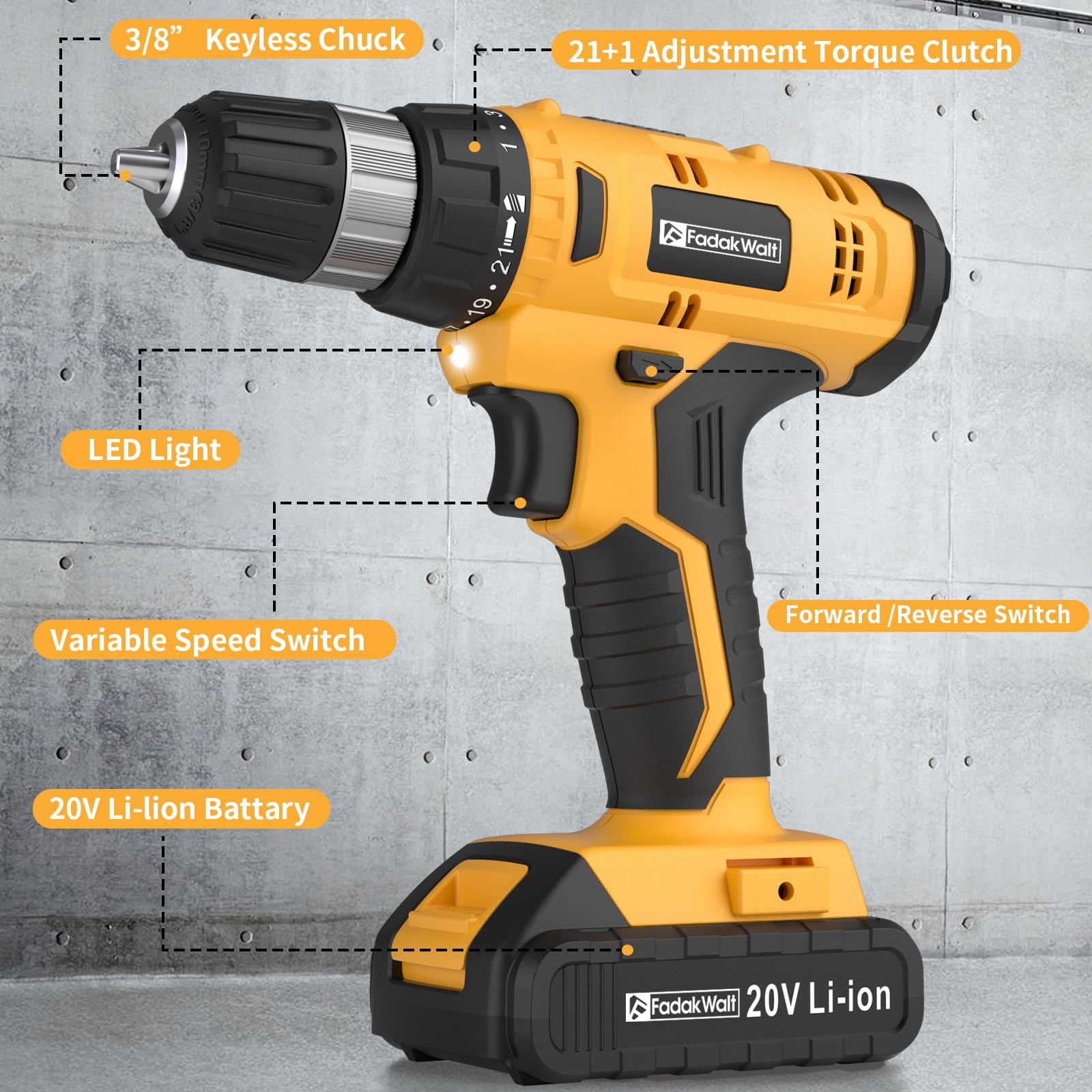 FADAKWALT Cordless Drill Set, 20V Electric Power Drill with Battery And Charger, Torque 30N, 21+1 Torque Setting, 3/8-Inch Keyless Chuck, Drill Driver Bits Kit, with LED Electric Drill Set. (Yellow)