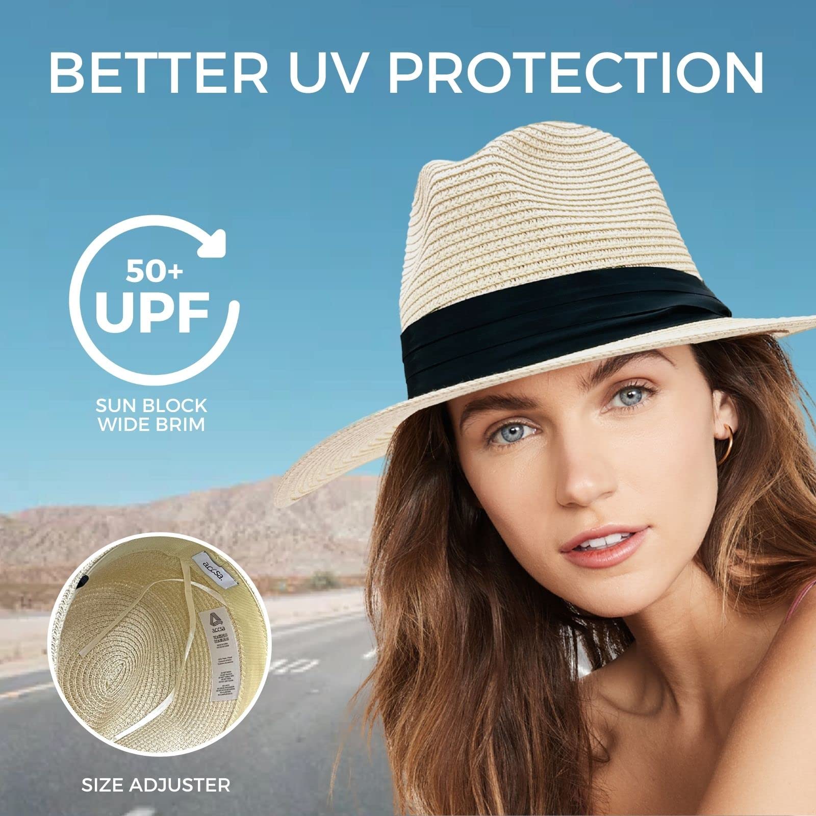 accsa Panama Straw Hat for Women Wide Brim Summer Straw Hat Classic Sun Hat for Beach Ladies Foldable Fedora Hat UPF 50+