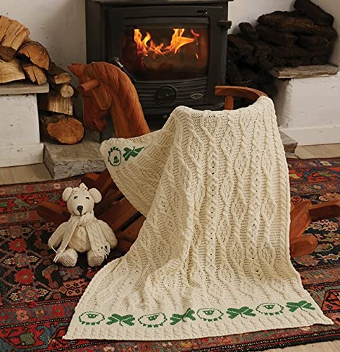 SAOL 100% Merino Wool - Baby Blanket Kid's Bedding Throw with Sheep and Shamrock Design