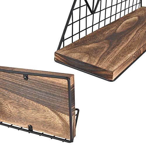 Homode Floating Shelves, Set of 2 Mountain Wall Shelves, Rustic Wood Display Storage Shelf with Metal Wire, Geometric Decor for Bathroom, Nursery, Bedroom, Office