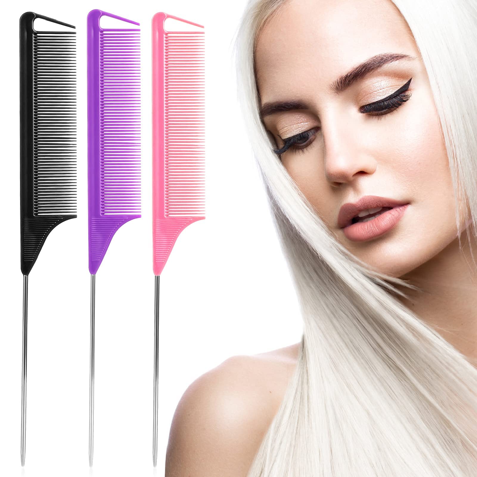 Rat Tail Combs Set: 3Pcs Long Steel Pin Teasing Combs for Salon Hair Stylists, Metal Parting Combs for Women (Purple, Black, Pink)