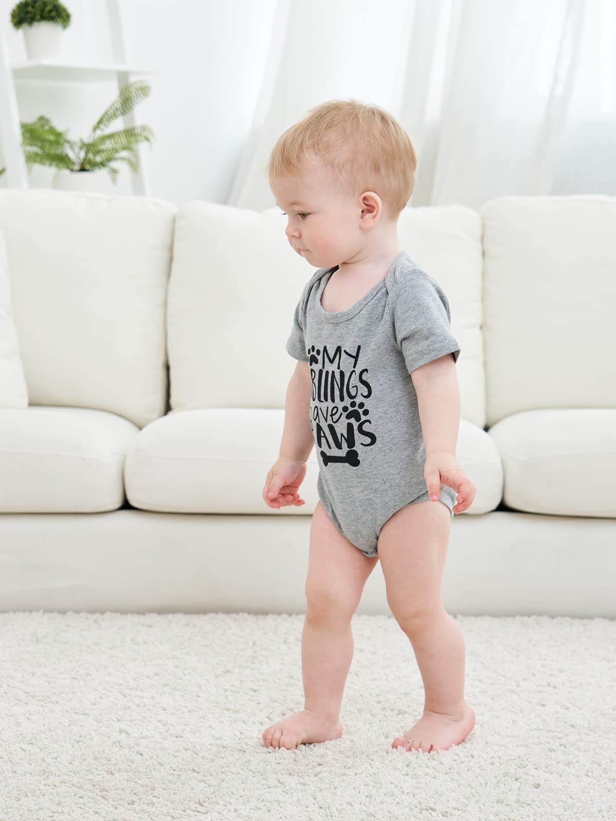 Funnycokid Infant Romper Jumpsuit Clothes My Siblings Have Paws Short Sleeve Bodysuits Cotton, Grey, 70/0-3 Months