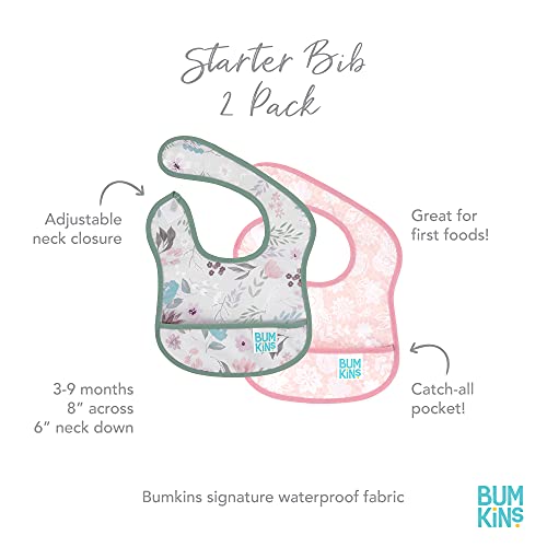 Bumkins Starter Bib, Baby Bib Infant, Waterproof Fabric, Fits Infants and Babies 3-9 Months - Floral & Lace (2-Pack)
