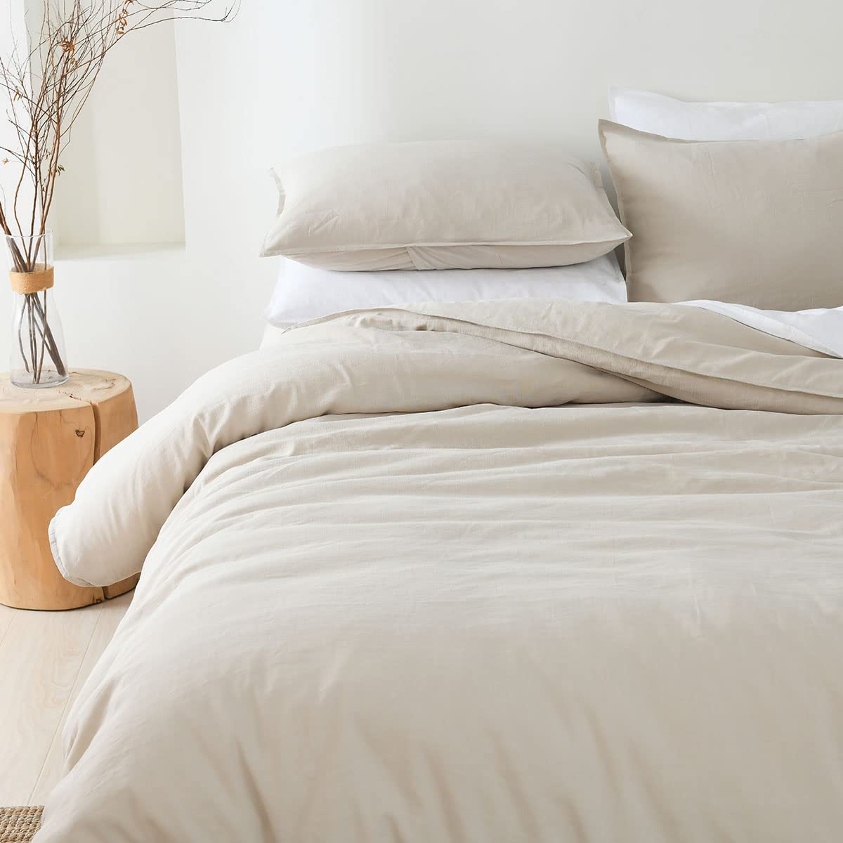 PANDATEX Beige Linen-Textured Rayon, Cotton, Linen Blend Duvet Cover Set, Pre-Washed Soft Breathable Queen Size Duvet Cover for Hot Sleepers, Durable Natural Organic Duvet Cover with 2 Pillowcases