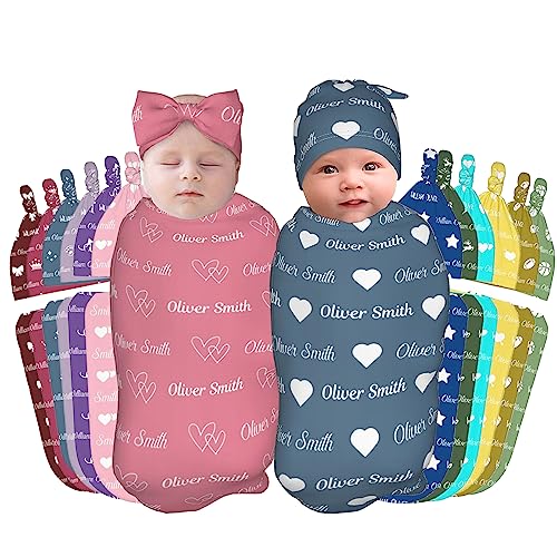 Darabit Personalized Baby Blankets for Baby Girl Boy - Personalized Baby Swaddle Blanket and Hat with Name Custom Blanket Personalized Baby Gifts Custom Newborn Gifts