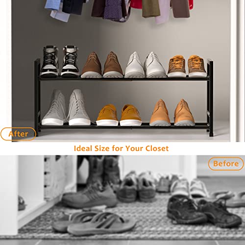 Bumusty Expandable 2 Tier Shoe Organizer Rack, Shoe Rack for Closet, Closet Shoe Rack Storage, Small Shoe Rack for Entryway Small Space Floor Door, Black