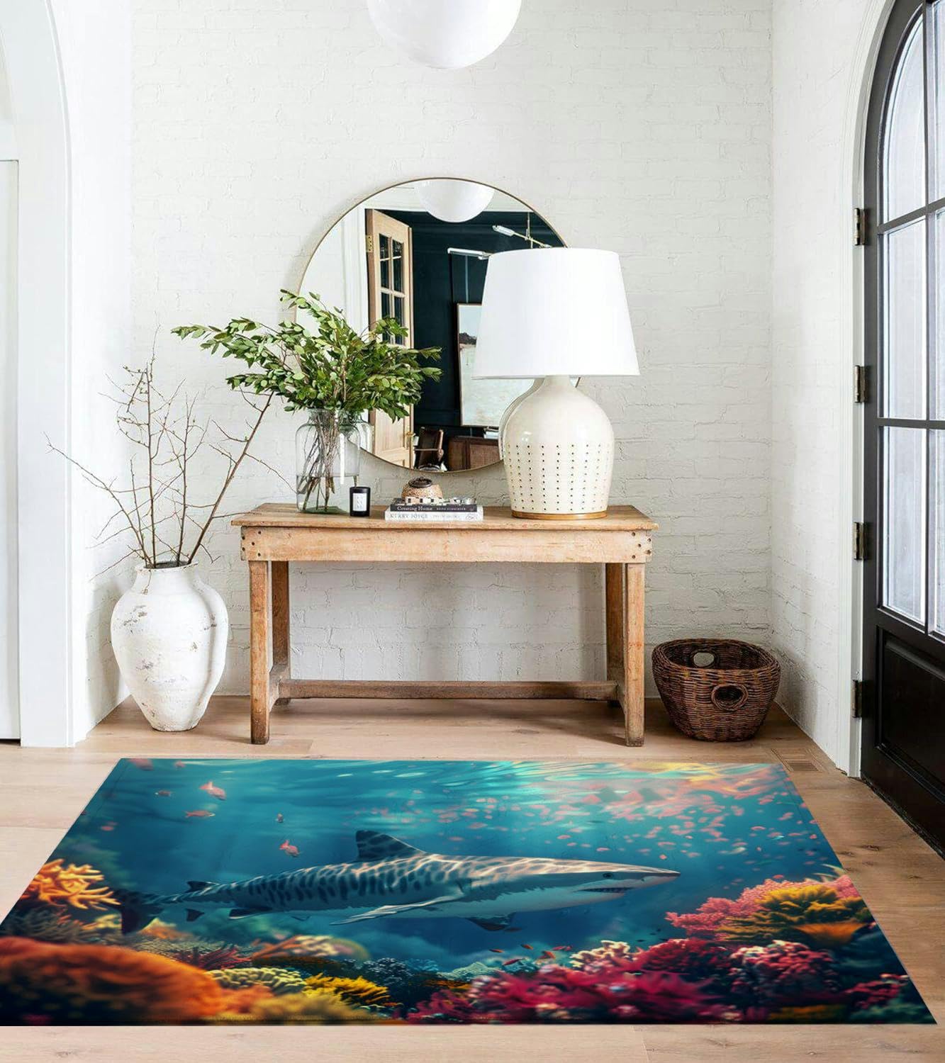 A solitary tiger shark patrolling its territory surrounded by an ether 3x5 Rug Throw Rugs Entryway Indoor Front Door Mat Non Slip Bedside Area Rug For Bedroom Aesthetic Kitchen Carpet Machine Washable
