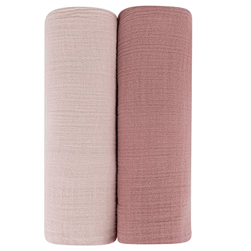 Ely's & Co. Cotton Muslin Swaddle Blanket 2-Pack for Baby Girl — 100% Cotton Muslin Extra-Large Swaddle Blankets (47” x 47”) Cranberry & Rosewater Pink