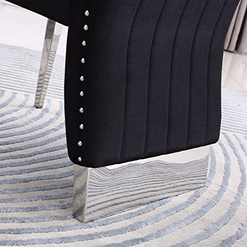 AZhome Dining Chairs, Black Velvet Upholstered Dining Room Chairs with Nailhead Trim and Silver Mirror Stainless Steel Legs, Set of 2