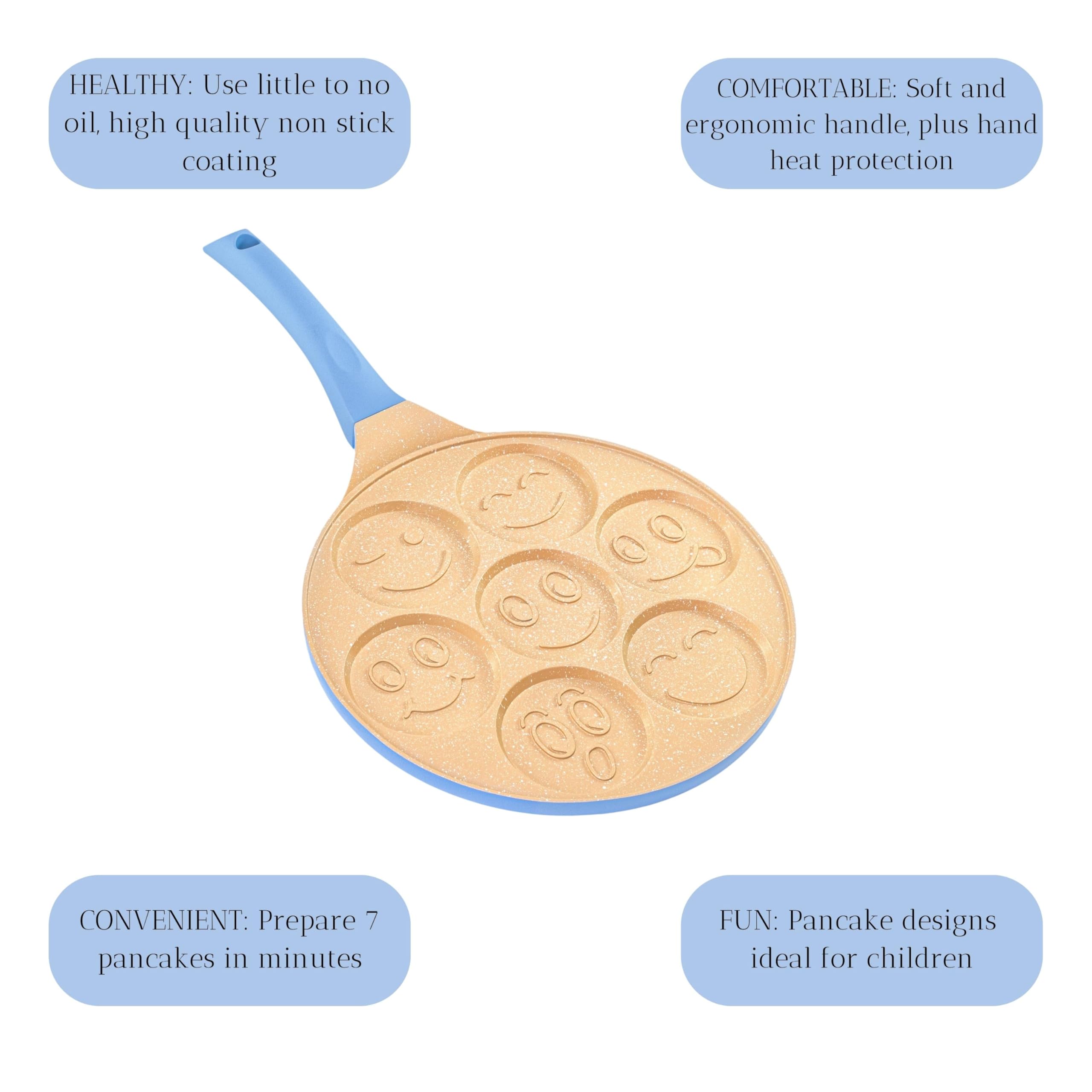 Erreke Nonstick Pancake Pan, 7 Smiley Face Pancake Griddle, Soft Touch Handle Fun Breakfast for Kids, 10.2 in Crepe Pan for Gas Stoves (Blue Color)