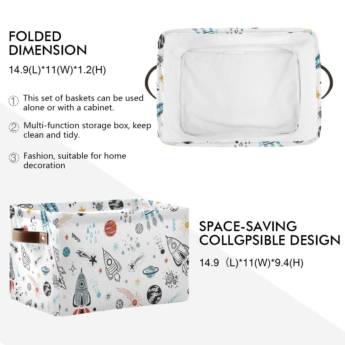 Storage Basket Cube Large Collapsible Toys Storage Box Bin Laundry Organizer for Closet Shelf Nursery Kids Bedroom,15x11x9.5 in (2 pack, Space Rocket Planet)