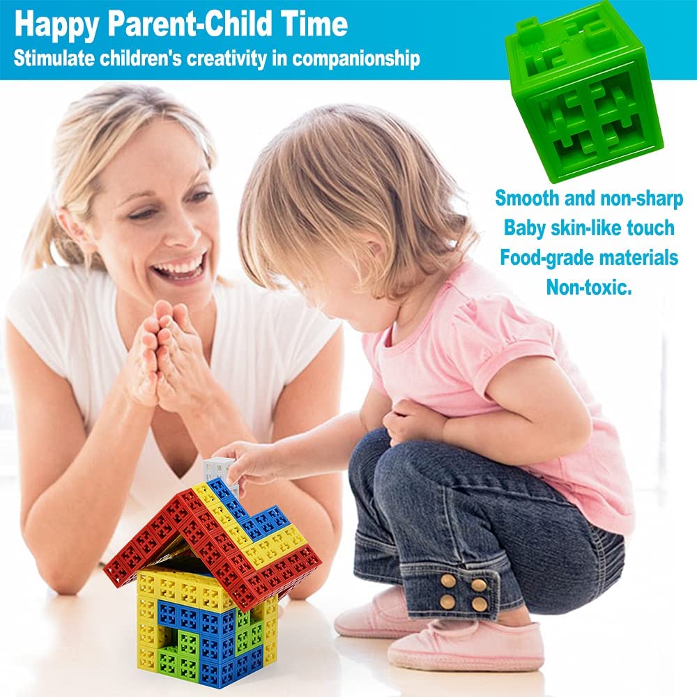 Building Stacking Block Toy, Stack Building Blocks Sensory Toy for Kids STEM Educational Sets Learning & Development Toys Cubes, DIY Build Variations with Funny Puzzle Bricks for Age 3 and Up, 150pcs