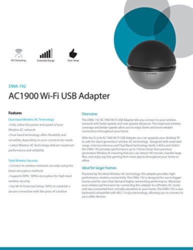 D-Link USB WiFi Adapter AC1900 USB 3.0 Dual Band Long Range Wireless Network for Desktop PC Laptop Gaming (DWA-192)