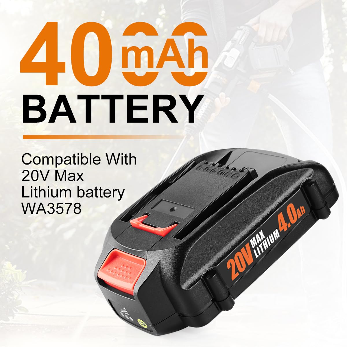 Ahomtikk 2 Packs 20V 4.0Ah Lithium Battery Replacement for Worx 20 Volt Batteries WA3525 WA3578 WA3575 WA3520 Compatible with Worx 20V Cordless Power Tools Battery Charger