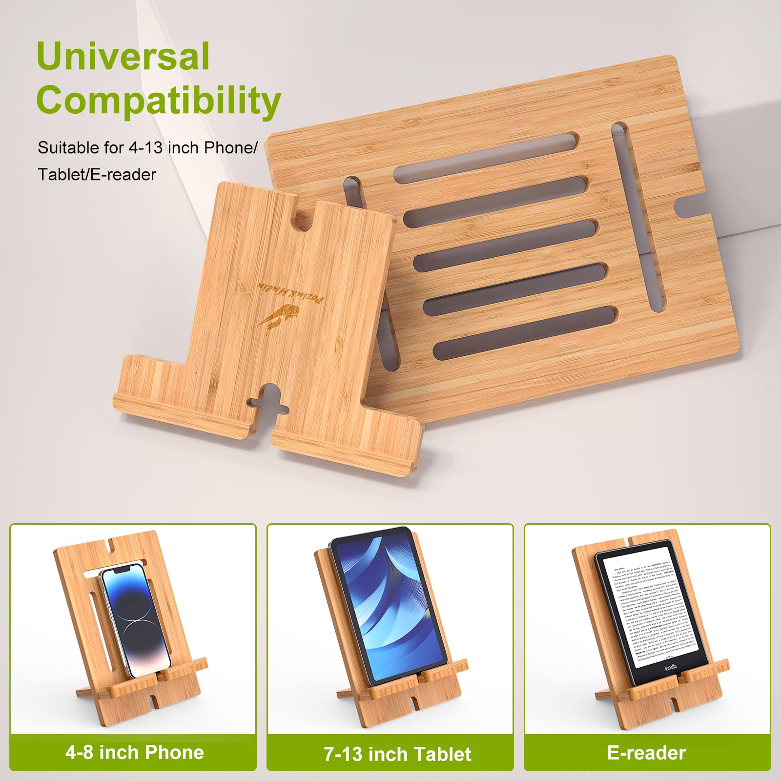 Pezin & Hulin Bamboo Tablet Stand Adjustable, Desktop Cell Phone Stand Holder Dock Compatible with Pad 9.7, 10.5, 12.9, Air 2 3 4 Mini, E-Reader, Phone 8 Plus X XS Max XR (Support to 4.7-13" Devices)