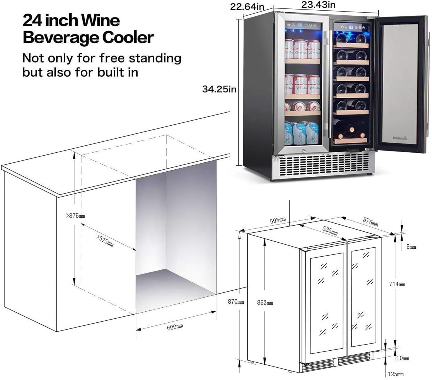 AAOBOSI 24 Inch Wine and Beverage Refrigerator - 19 Bottles & 57 Cans Capacity Dual Zone Wine Cooler - Wine Fridge Built in Counter or Freestanding - 2 Safety Locks and Blue Interior Light