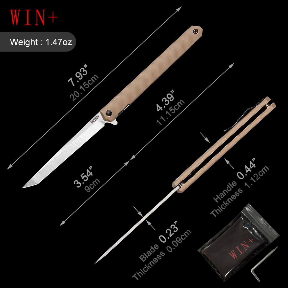 WIN+ Pocket Knife, Folding Knife with Clip, EDC Knife for Men and Women, Tactical Knife for Survival Camping W4149 (Black)