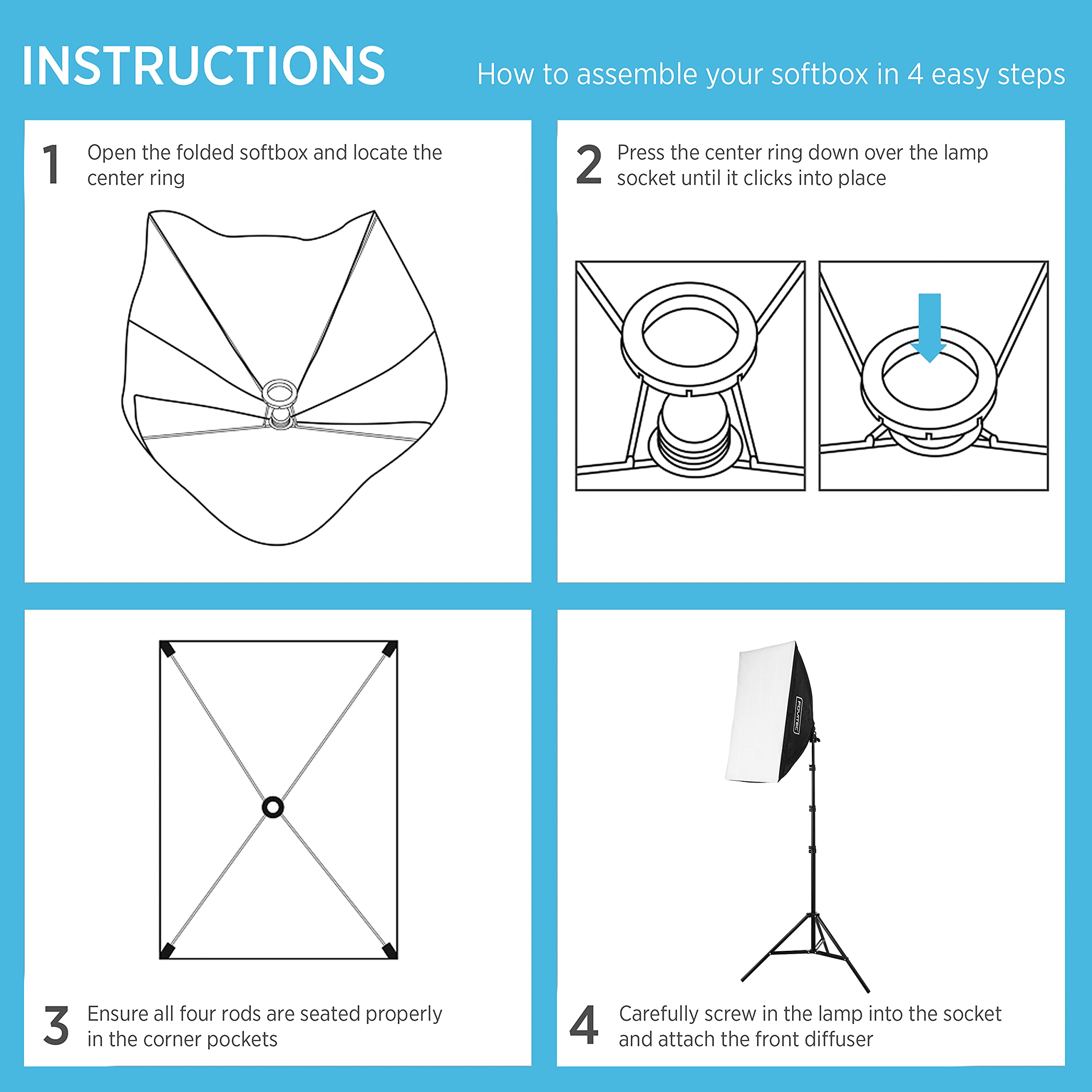 Fovitec 2-Light Fluorescent Studio Lighting Kit, 20"x28" Quick Setup Softboxes, 650W Continuous Light and Stands for Portraits, Product Photos, Vlogging, Video Conferencing, and Live Streaming