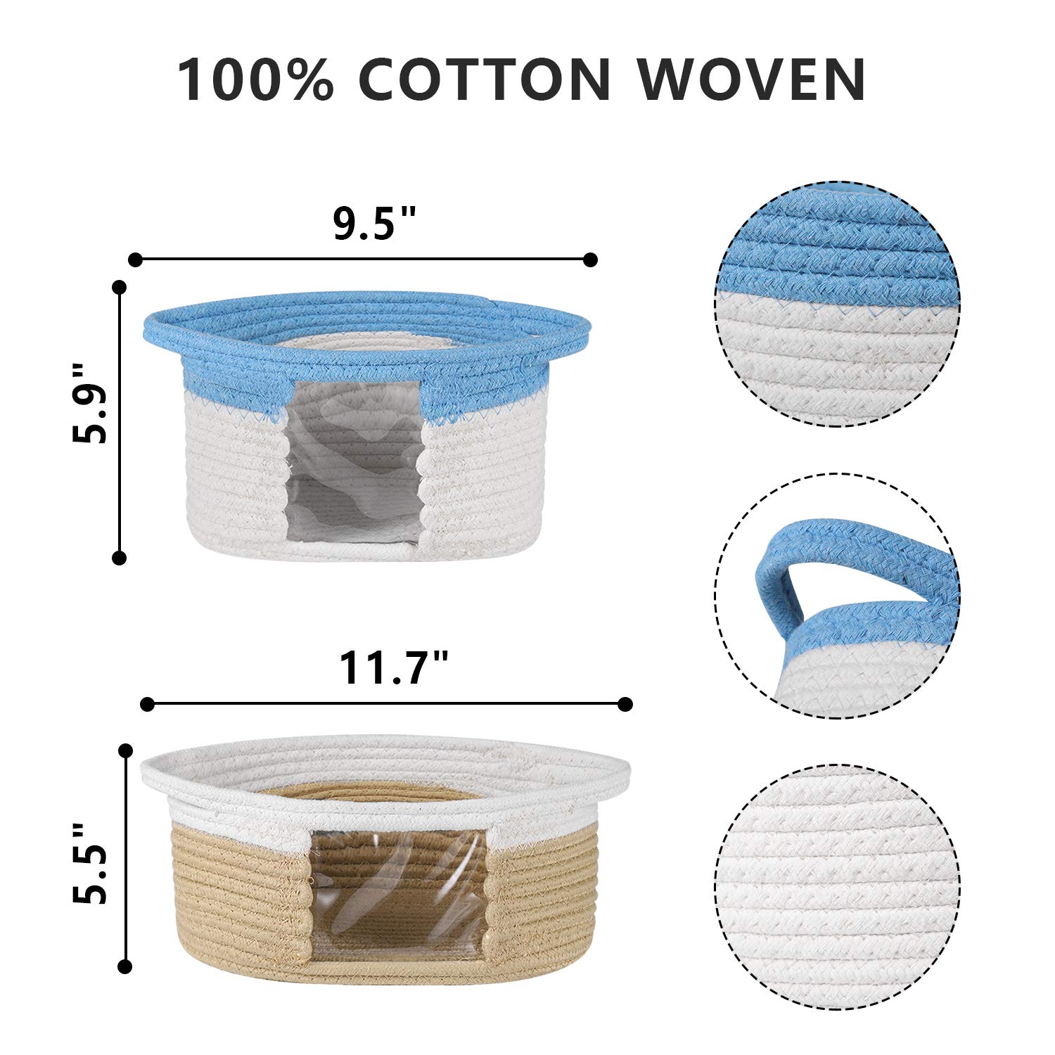 Zannaki Woven Storage Basket, 2 Pack Cotton Rope Baskets, Decorative Organizer Bins with Carry Handles Clear-View Window for Closet, Baby Nursery Blanket, Little Toy, Makeup, Books, Towels, Gadgets