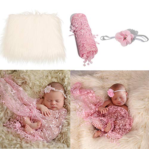 Yunnyp 3pcs Baby Photo Shooting Background Set,Baby Photo Props Fluffy Blanket + Wrap + Headband Set Newborn Photography Wrap Mat (Pink)