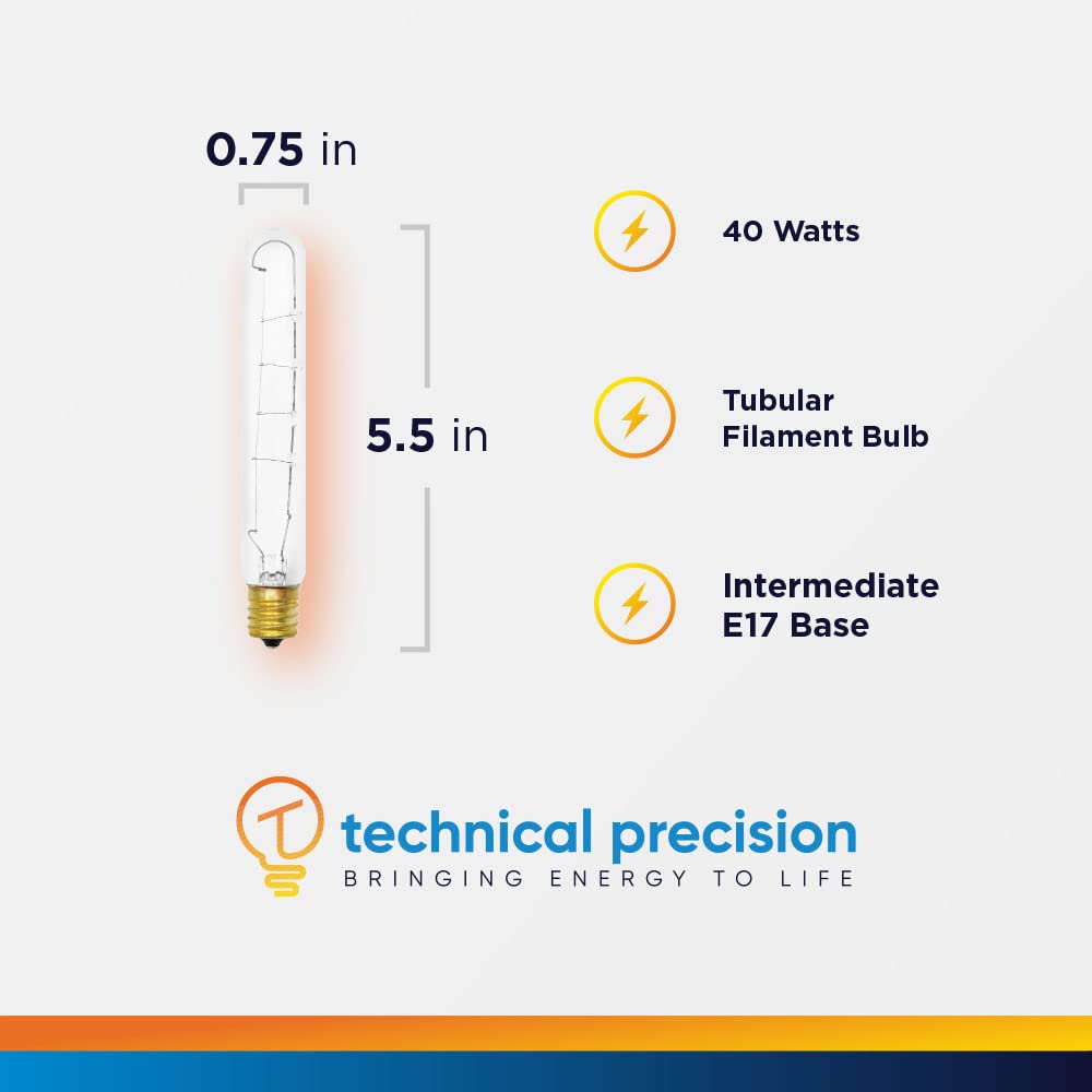 40W T6.5 Tubular Filament Bulb for Subzero Fridge Light Bulb 500 Series by Technical Precision - for 501F 501R 550 532 542 561 590 - Clear Finish Appliance Bulb Intermediate E17 Base - 120V - 2 pack