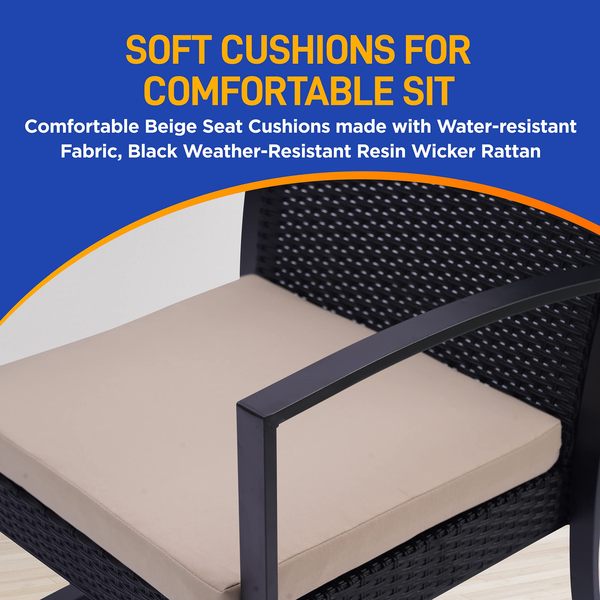 Patio Outdoor Rattan Furniture Set, 3 Pcs. Per Set - Includes 2 Single Chairs with Soft Cushion and 1 Glass-top Coffee Table, Black Weather-Resistant Resin Wicker Rattan