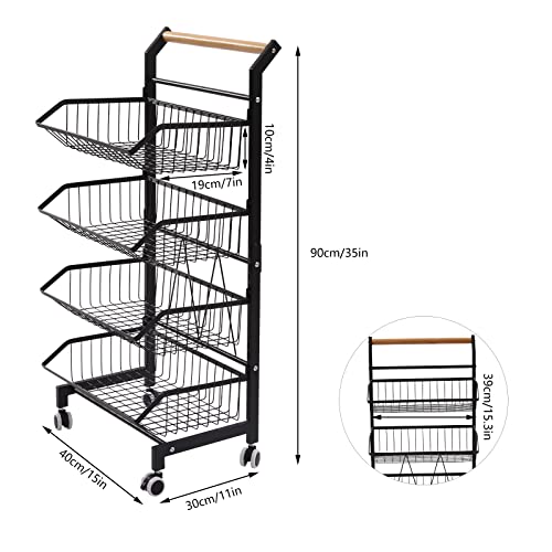 KIOPOWQ Fruit Basket, 4-Tier Rolling Utility Cart with Handle, Multi-Functional Vegetable Storage Trolley Fruit Basket Free-Standing Organizer for Kitchen Office, Living Room Black