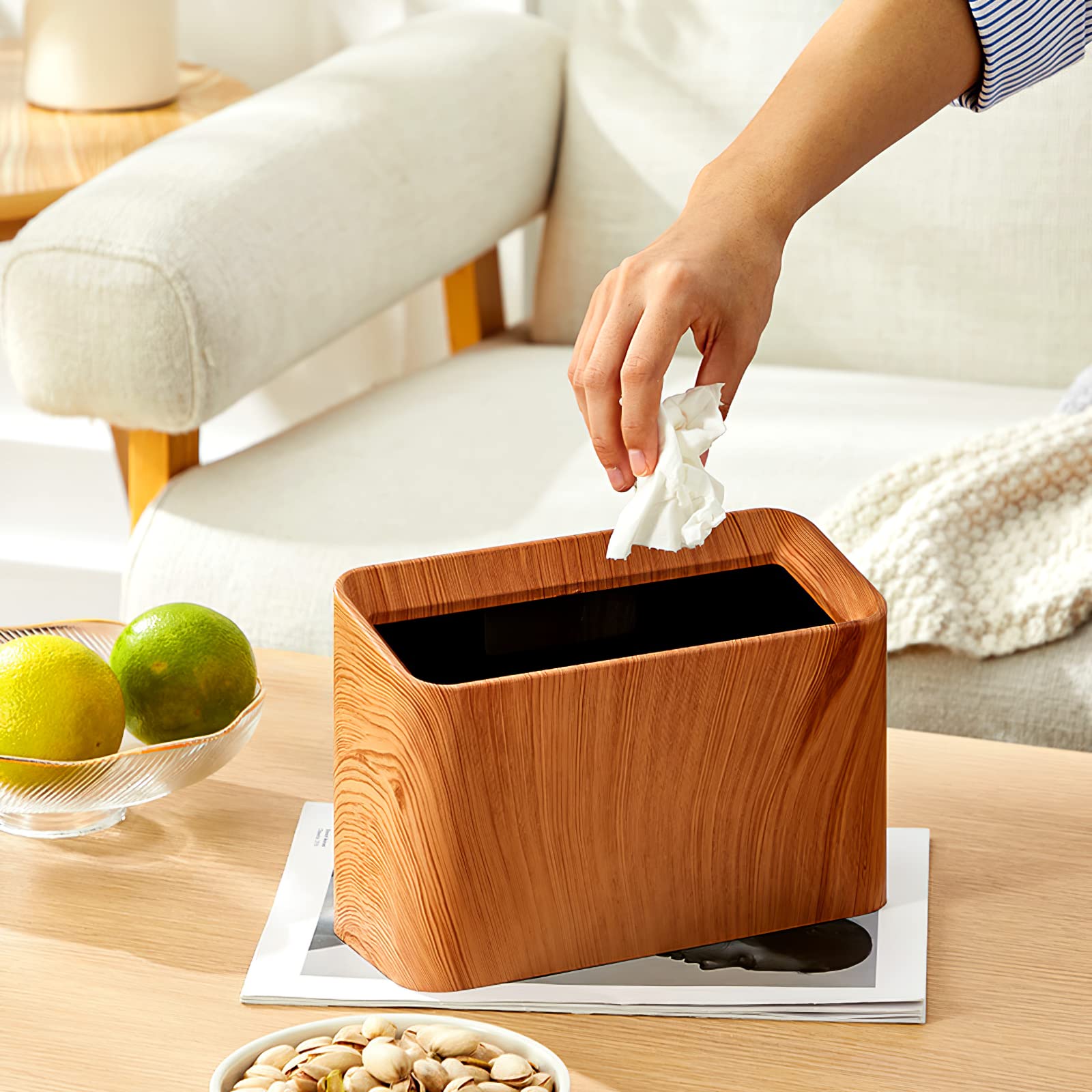 Aiabaleaft Plastic Mini Desktop Trash Can, Simulated Wood Grain Wastebasket, Uncovered Retro Waste Basket, Desktop Trash Can for Kitchens,offices, Living Room, Makeup table Etc (Raw Wood Color)