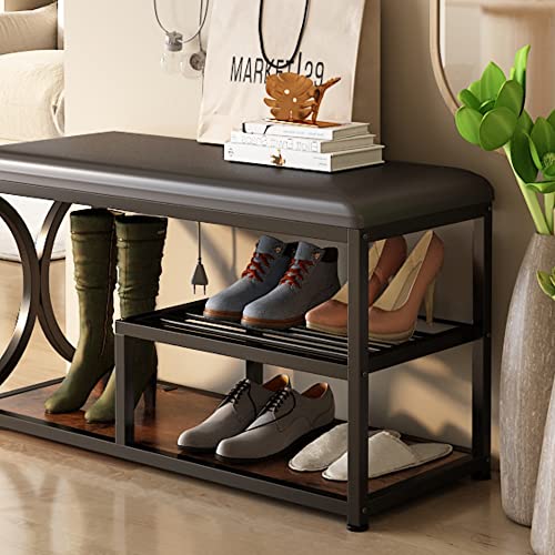 ALISENED Shoe Rack Bench for Entryway with Padded Seat,Industrial Entry Bench with Shoe Storage Shelf for Small Spaces,3-Tier Small Rustic Shoe Rack,Padded Storage Bench,Metal Frame,Space Saving