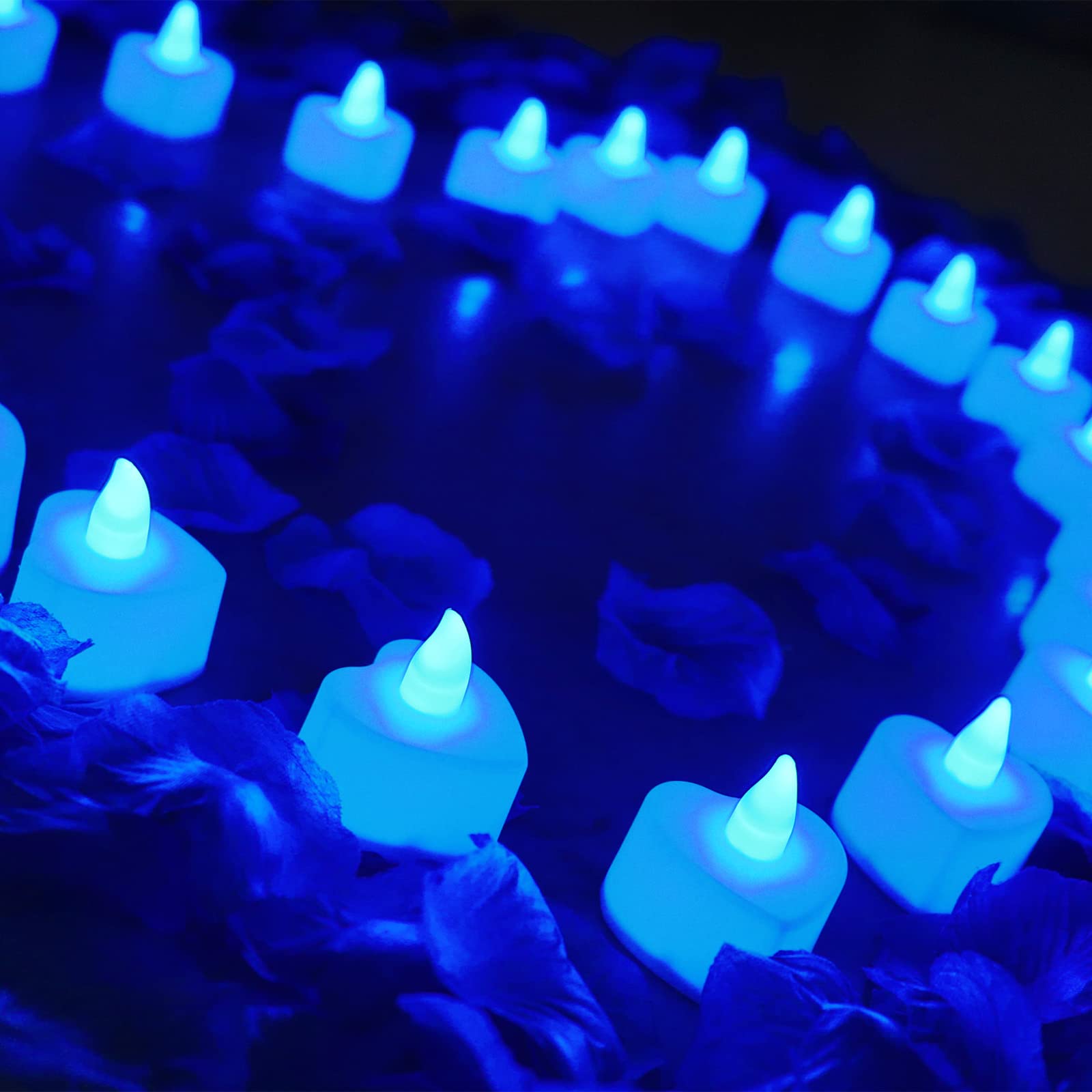 AUSAYE 1000 Pieces Artificial Rose Petals with 24 Pcs Heart Shaped LED Candles Smokeless Romantic Love LED Tea Lights for Night Valentine's Day Anniversary Wedding Table Decor Blue Party Decoration