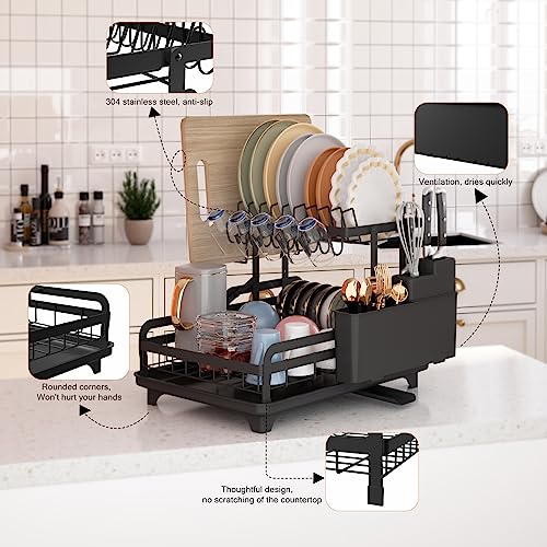 bukfen New Over The Counter Dish Rack(16.3 * 11.4 * 10.8in, Black), 2-Tiers, No Installation Stainless Steels Multifunctional Dish Drying Rack for Draining Plates