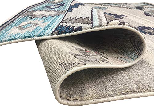Handcraft Rugs-Southwestern Native American Modern / Faded Area Rug - Bone Gray / Navy Blue / Ivory / Aqua