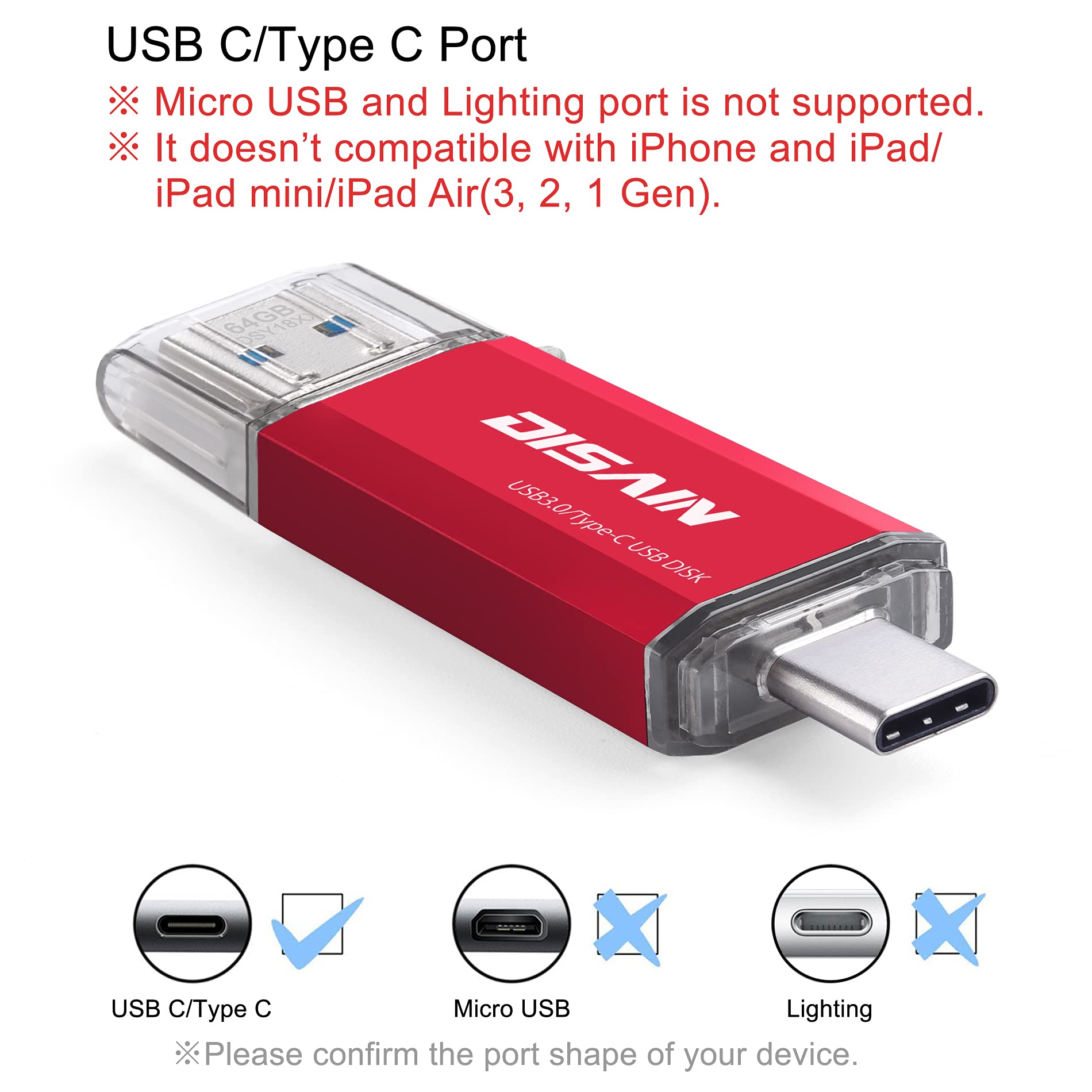 USB C Flash Drive, DISAIN 64GB USB C Thumb Drive (USB A 3.0/USB C 3.0), 2 in 1 OTG Type C Flash Drive for USB C Smartphones, Tablets, PC