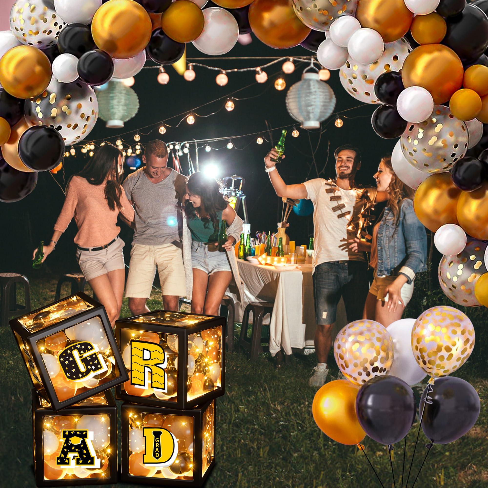 Graduation Decorations Class of 2024, 4 Black Gold Balloon Boxes with Letters Includes LED String Lights 40 Foil Balloons Backdrop for Middle College High School Grad Party Decor